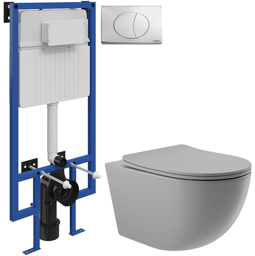 Унитаз подвесной Aqueduto Ovo OVO0130 с инсталляцией Stworki 510162 и кнопкой 230822 Артикул: 00 ...